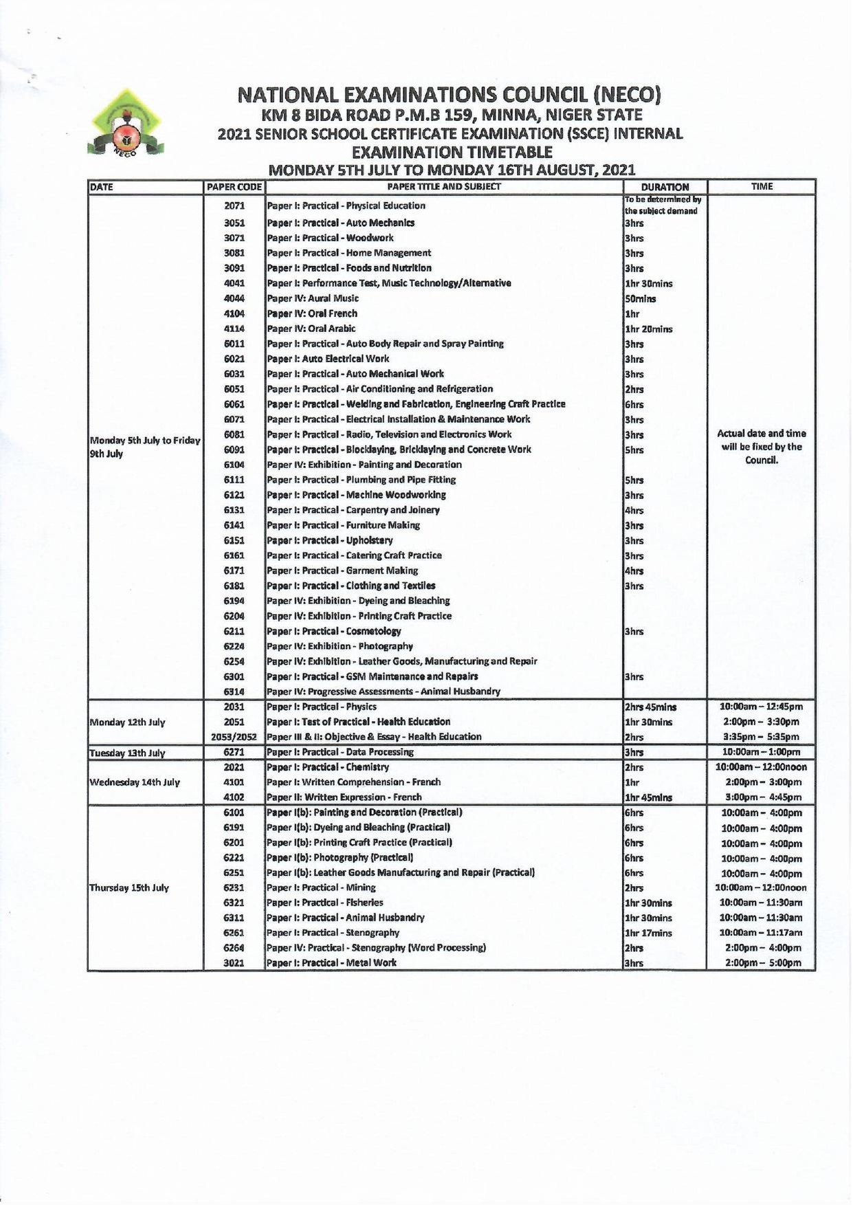 2021 NECO TIMETABLE & SPACEMAN2021 NECO TIMETABLE & SPACEMA